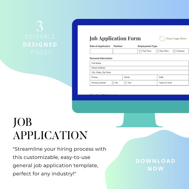 Editable Job Application Template: Customizable Employment Form (PDF ...
