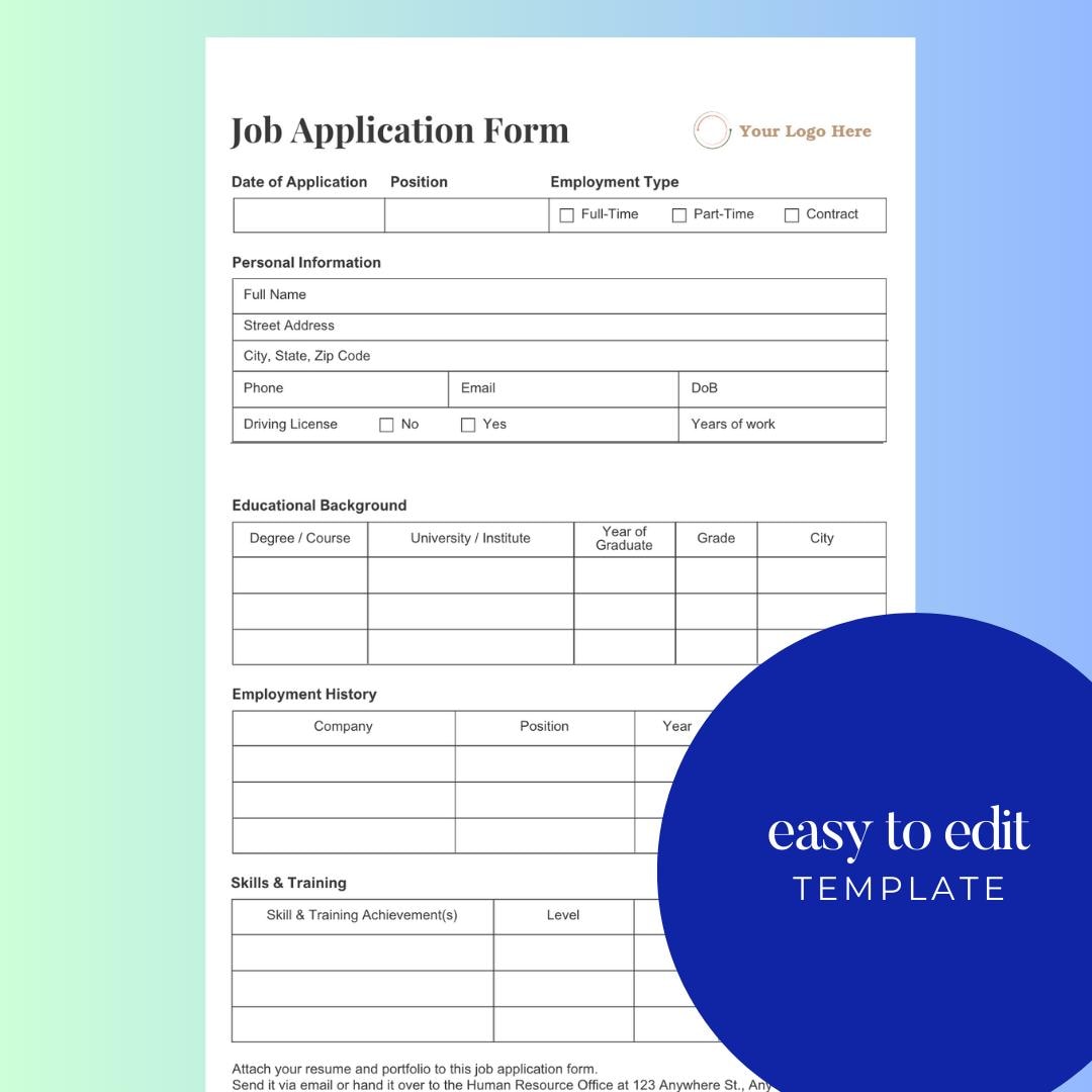 Editable Job Application Template: Customizable Employment Form (PDF ...