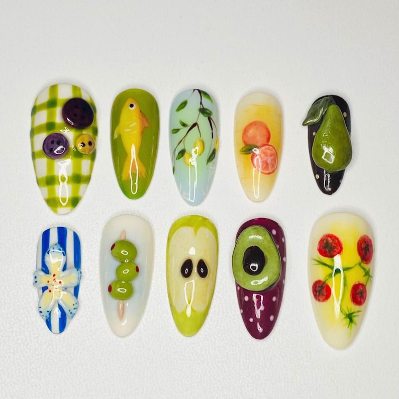 Farmer's Market Press-on Nails, Whimsical Food Art, Handmade Custom ...