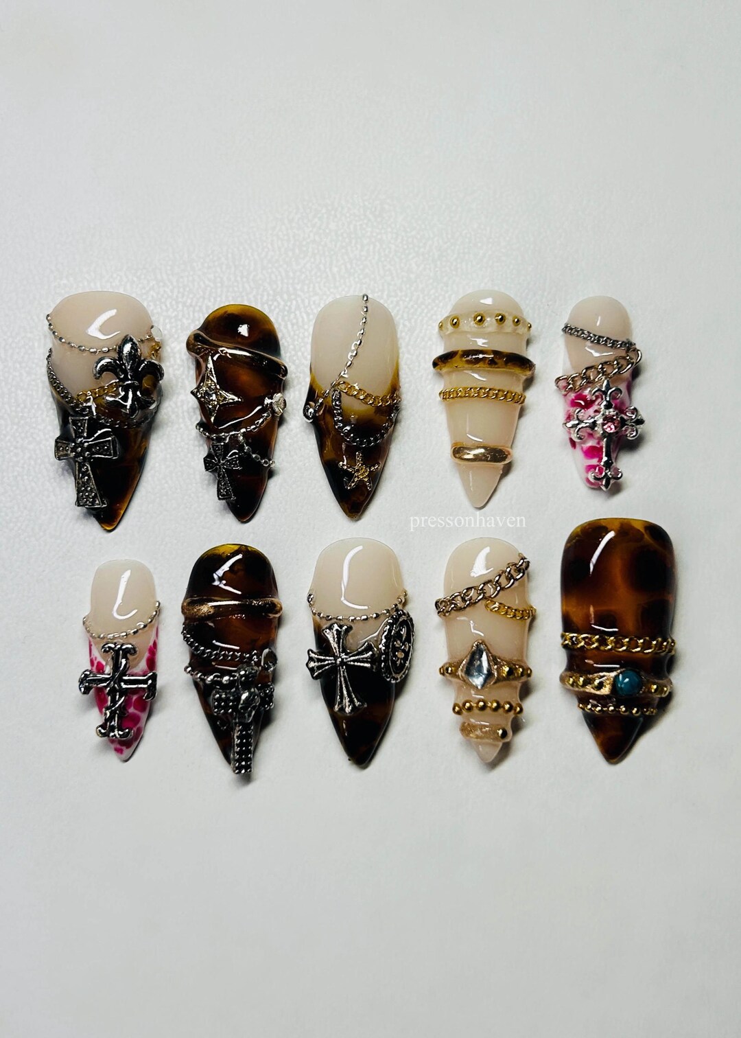 Handmade Tortoise Shell Press-on Nails, Gold Chain Accent, Boho Fall ...