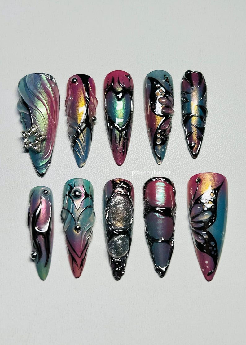 Pearl Cybergoth Chrome Press-on Nails, Handmade Punk Fake Nails - Etsy