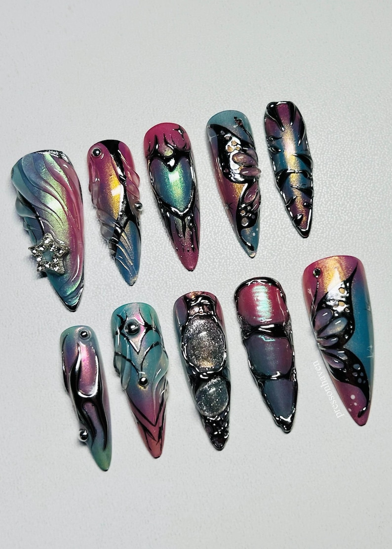 Pearl Cybergoth Chrome Press-on Nails, Handmade Punk Fake Nails - Etsy