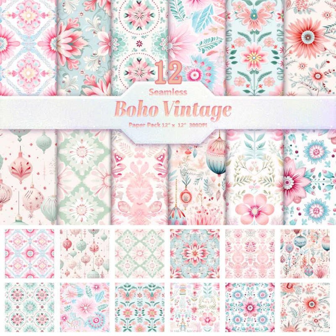 12 Boho Floral Digital Paper, Abstract Bohemian Wedding Scrapbook Paper ...