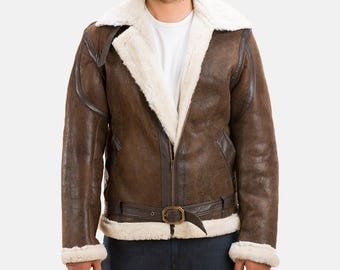 B3 RAF Brown Mens Bomber Flying Aviator Fur Real Shearling Leather Jacket B3 Bomber Sheepskin ...