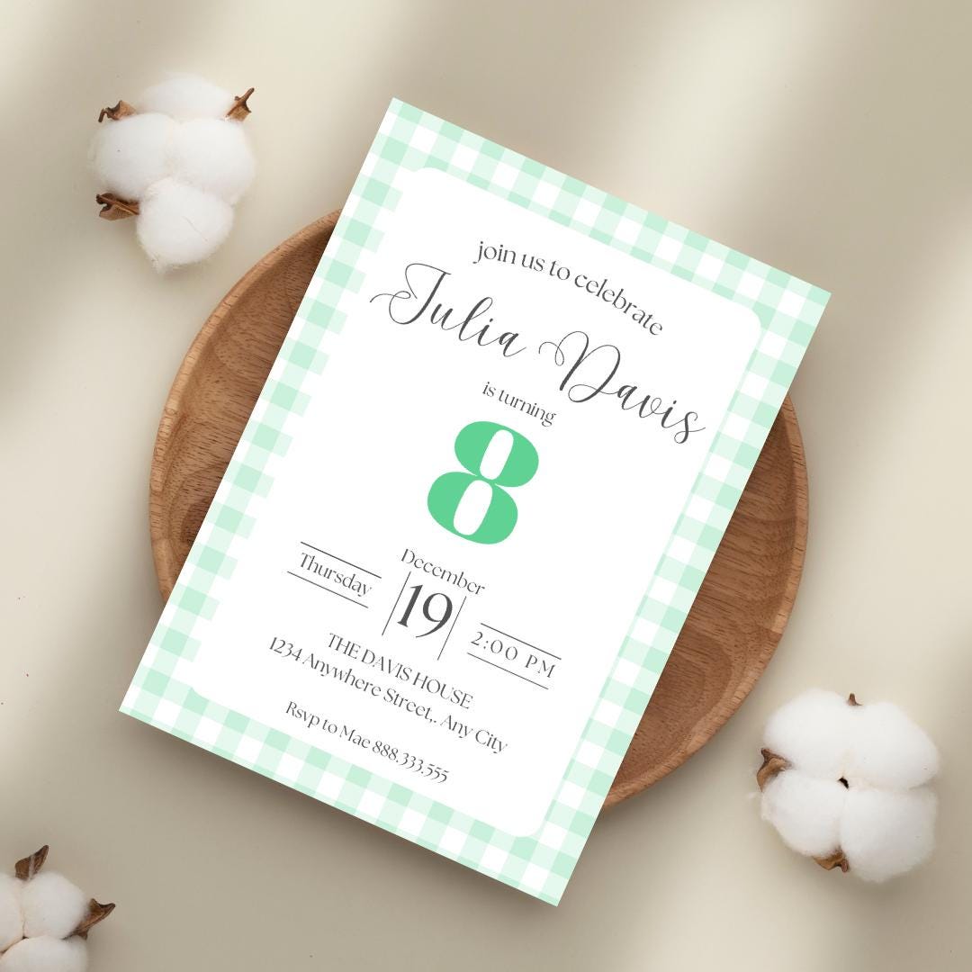 Green Pastel Checkered Invitation | Gingham Design | Retro | Birthday ...