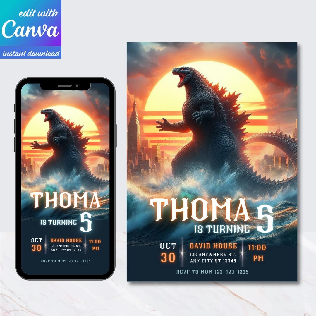 Godzilla Birthday Invitation | Monster Party Invite | Editable Digital ...