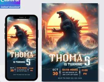 Godzilla Birthday Invitation Editable Digital Template Monster Party ...