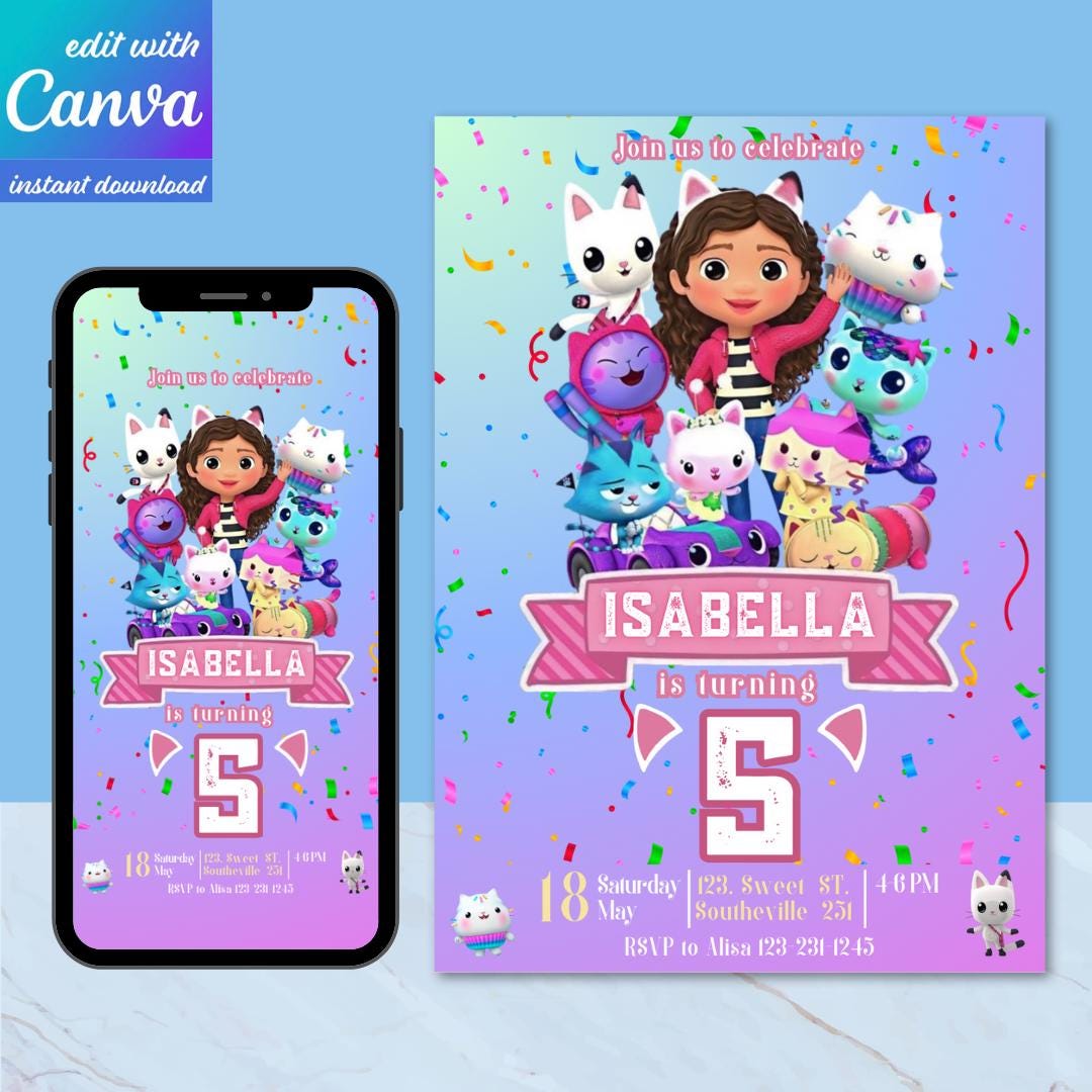 Editable Gabbys Dollhouse Birthday Invitation Template, Printable ...