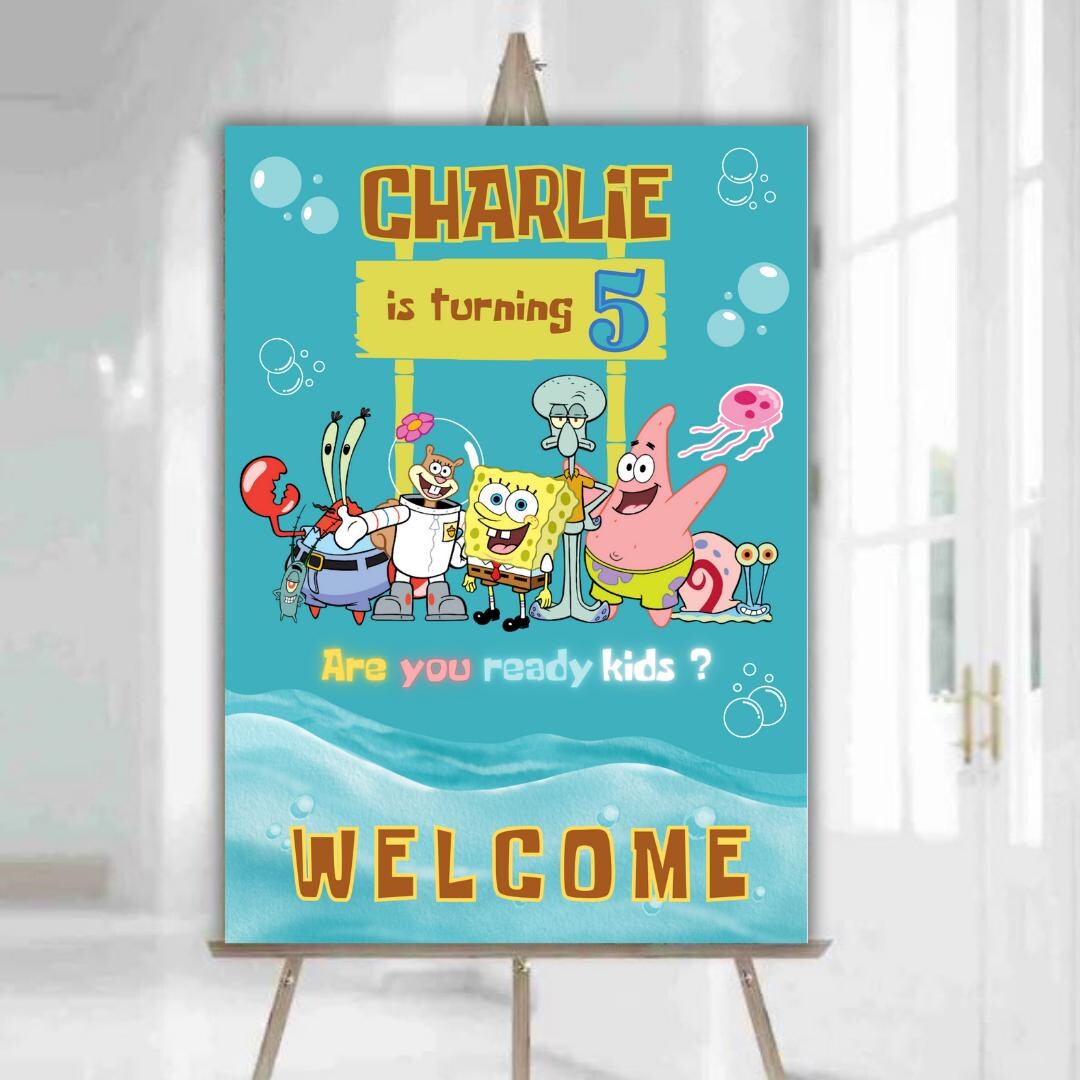 Spongebob Birthday Welcome Sign, Kids Party Poster, Editable Template ...