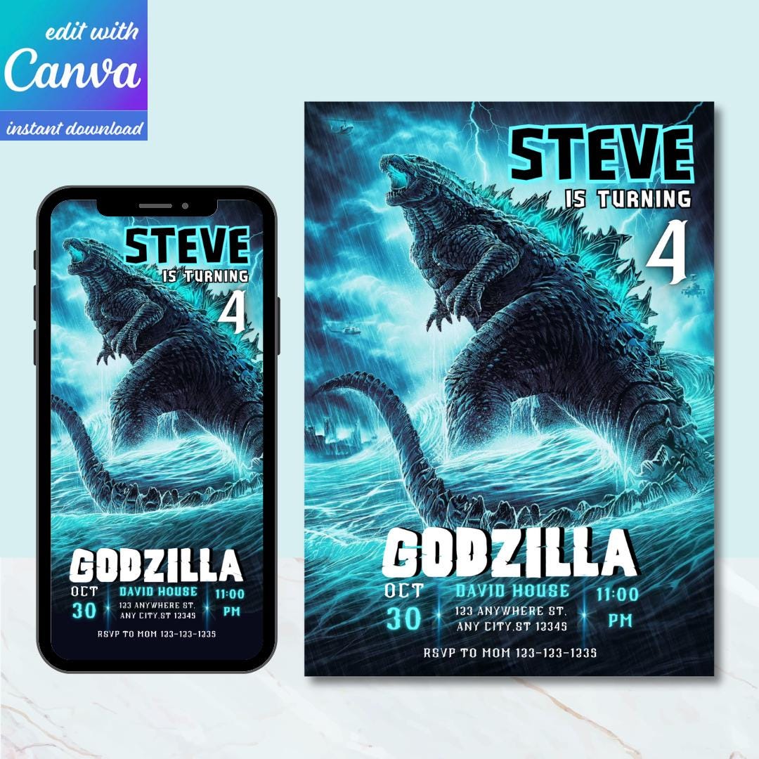Godzilla Invitation, Godzilla Boys Editable Birthday Invitation ...