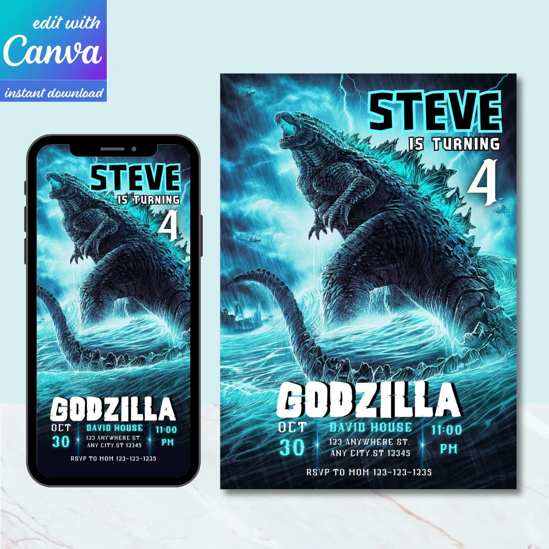 Godzilla Kong Birthday Invite | Canva Digital Invitation | King Kong ...