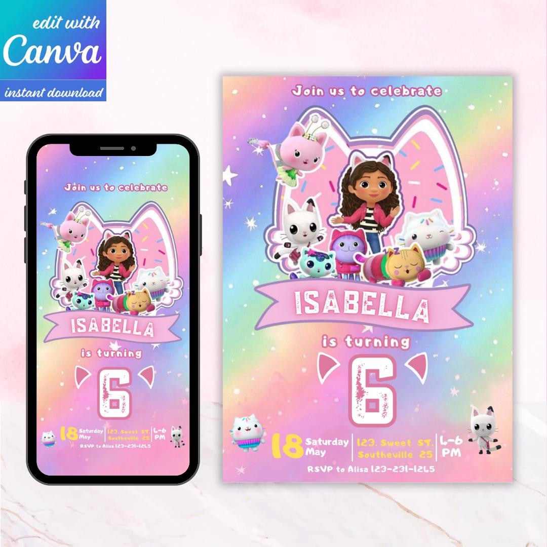 Gabbys Dollhouse Birthday Invitation | Editable Gabby's Kids Birthday ...