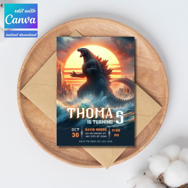 Godzilla Birthday Invitation Monster Party Invite Editable Digital ...