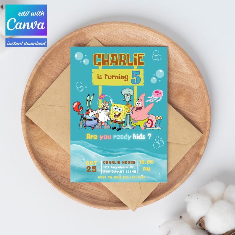 Editable Spongebob Birthday Party Invite Spongebob Kids Evite Template ...