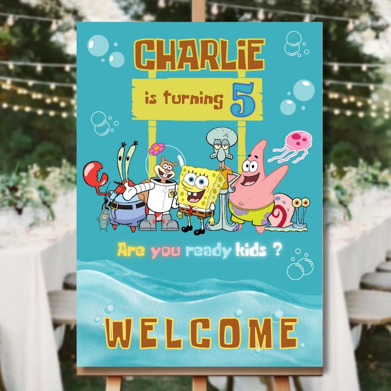 Spongebob Birthday Welcome Sign, Kids Party Poster, Editable Template ...