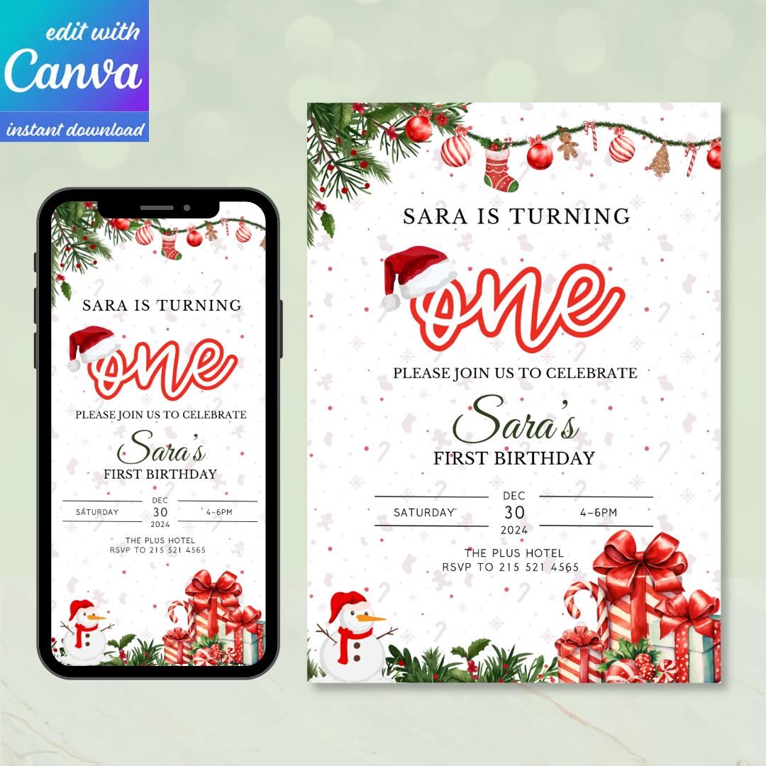 Christmas First Birthday Invitation, Santa Hat Party Invite, Editable ...