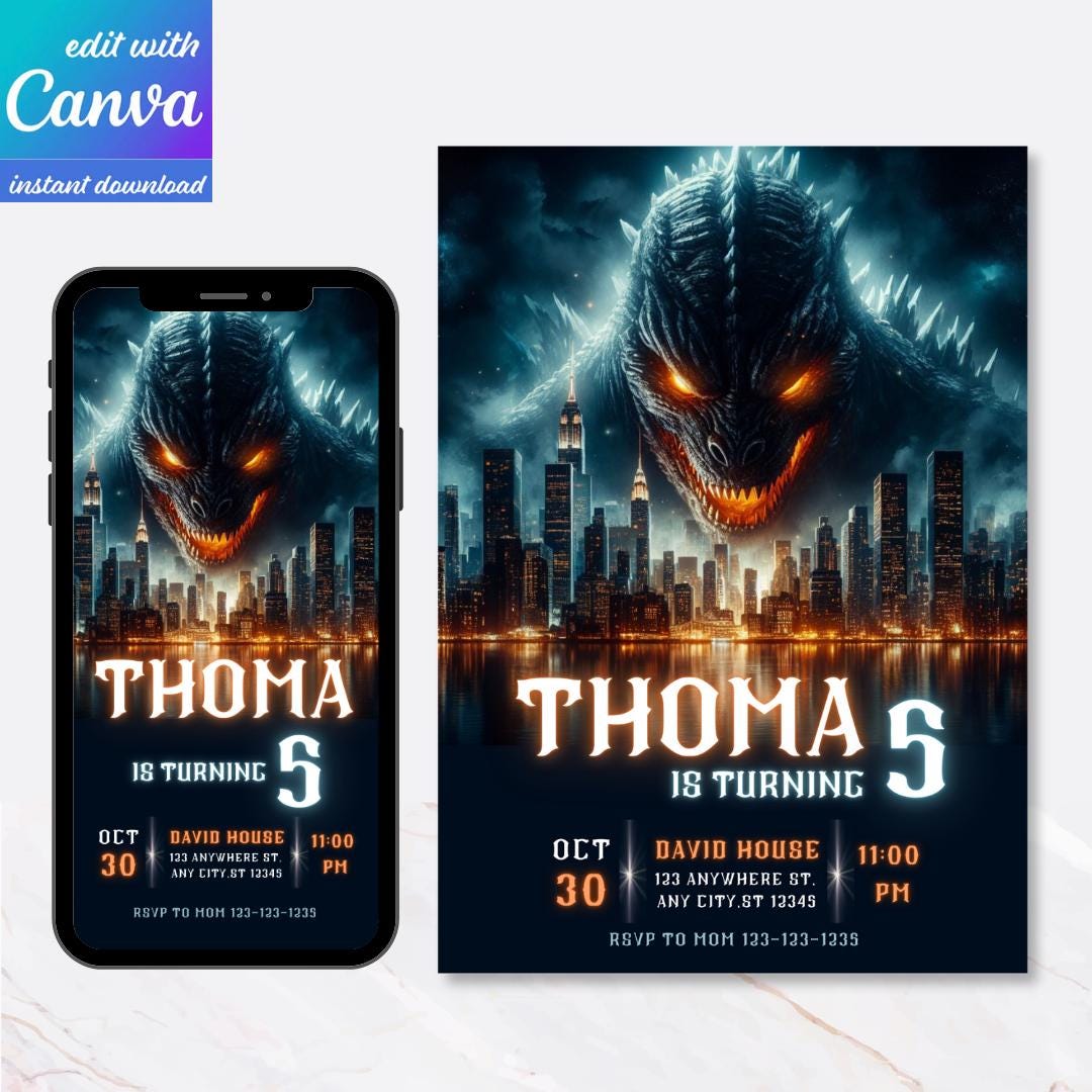 Godzilla Invitation, Godzilla Boys Editable Birthday Invitation ...