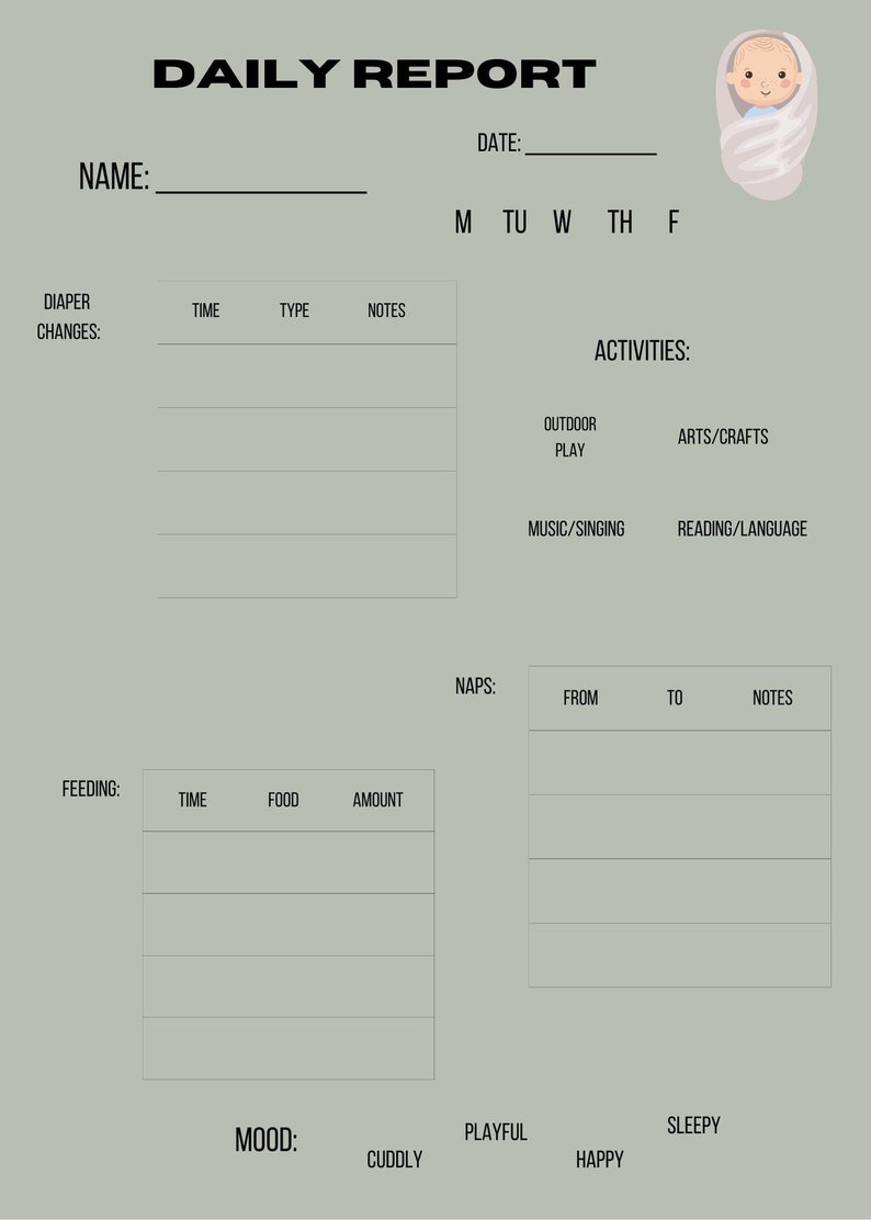 Childcare, Templates, Daily Report, Naps, Feeding, Diaper, Changes ...