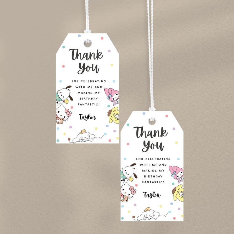 Editable Kawaii Kitty & Friends Thank You Tag | Kids Birthday Favor Tag ...