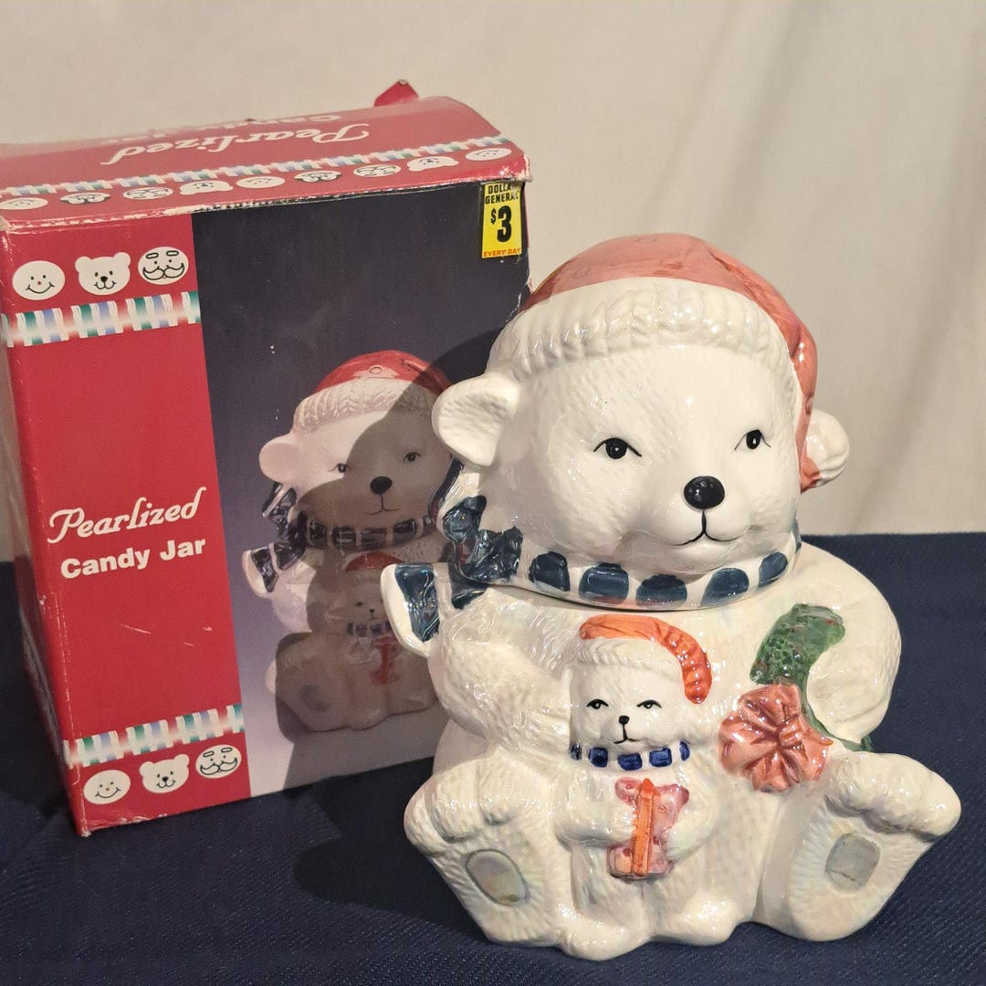 Vintage Polar Bear and Baby Cookie Jar Christmas Pearlized Glass Box ...