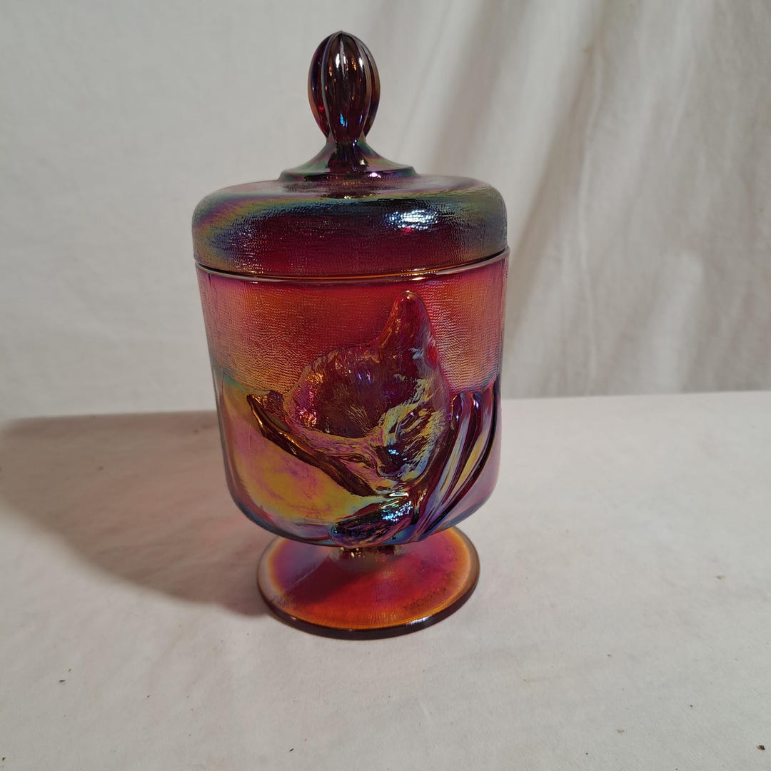 RARE Vintage Fenton Chessie Cat 1991 Red Carnival Glass Candy Dish - Etsy