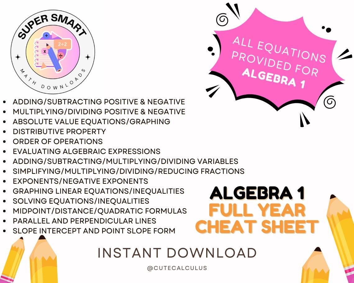 Algebra 1 Essential Cheat Sheet | Printable Math Equation Guide ...