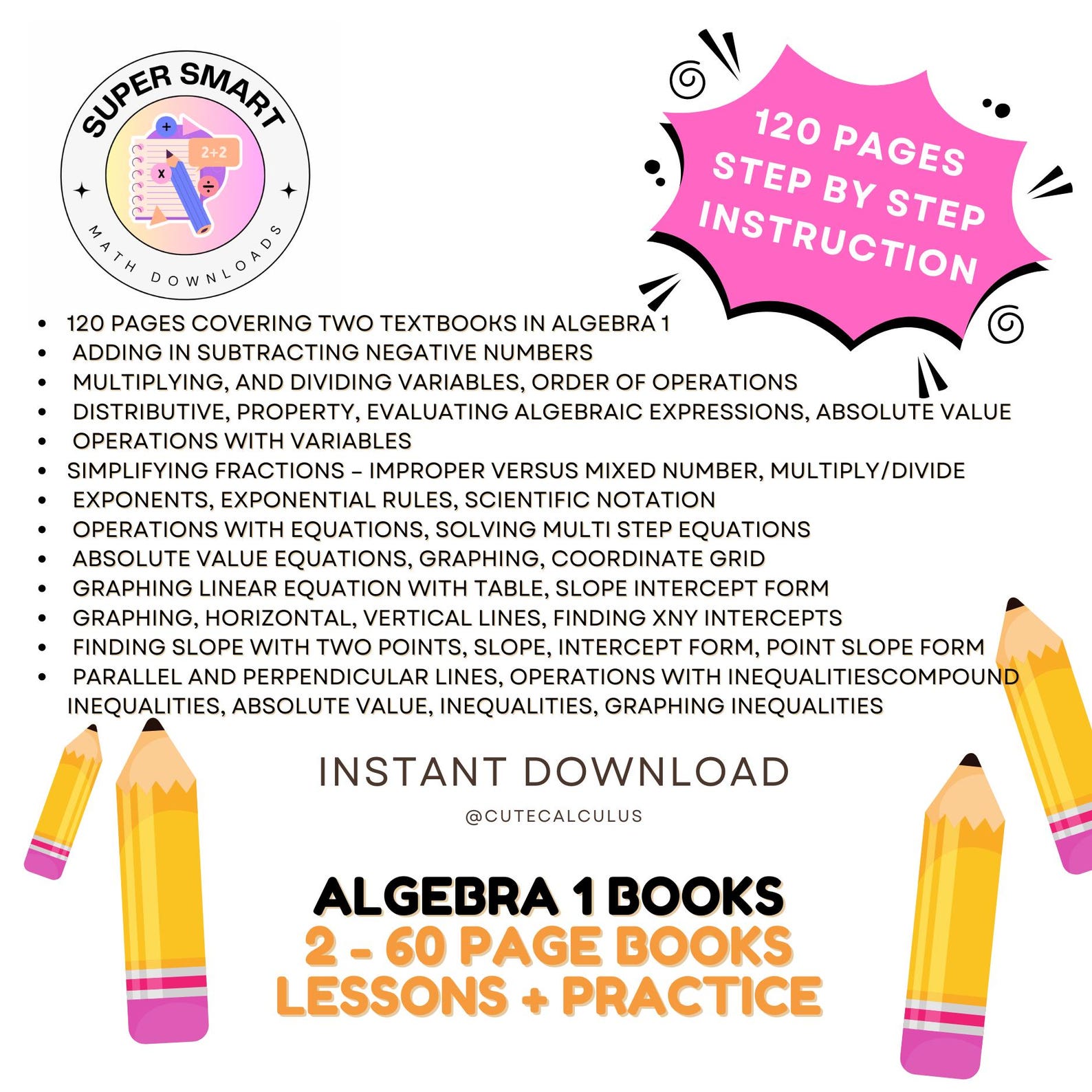 Algebra 1 Lesson Book + Step by Step Instructions | 120 Pages of ...