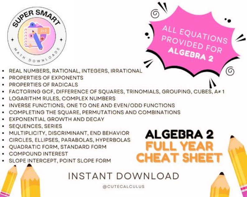 Algebra 2 Cheat Sheet | Printable Math Equation Guide (instant Download ...