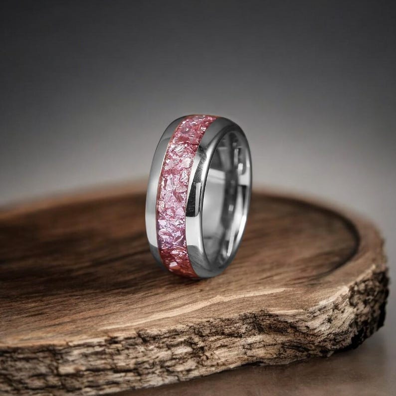 Pink Morganite Inlay Tungsten Ring | Comfort Fit Tungsten Wedding Band ...