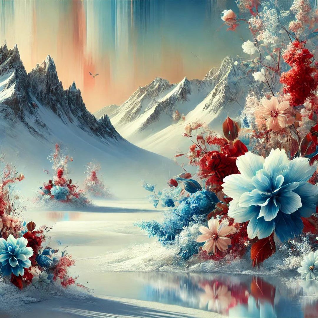 Winter Floral Landscape Art – Dreamy Digital Print, Colorful Snowy ...