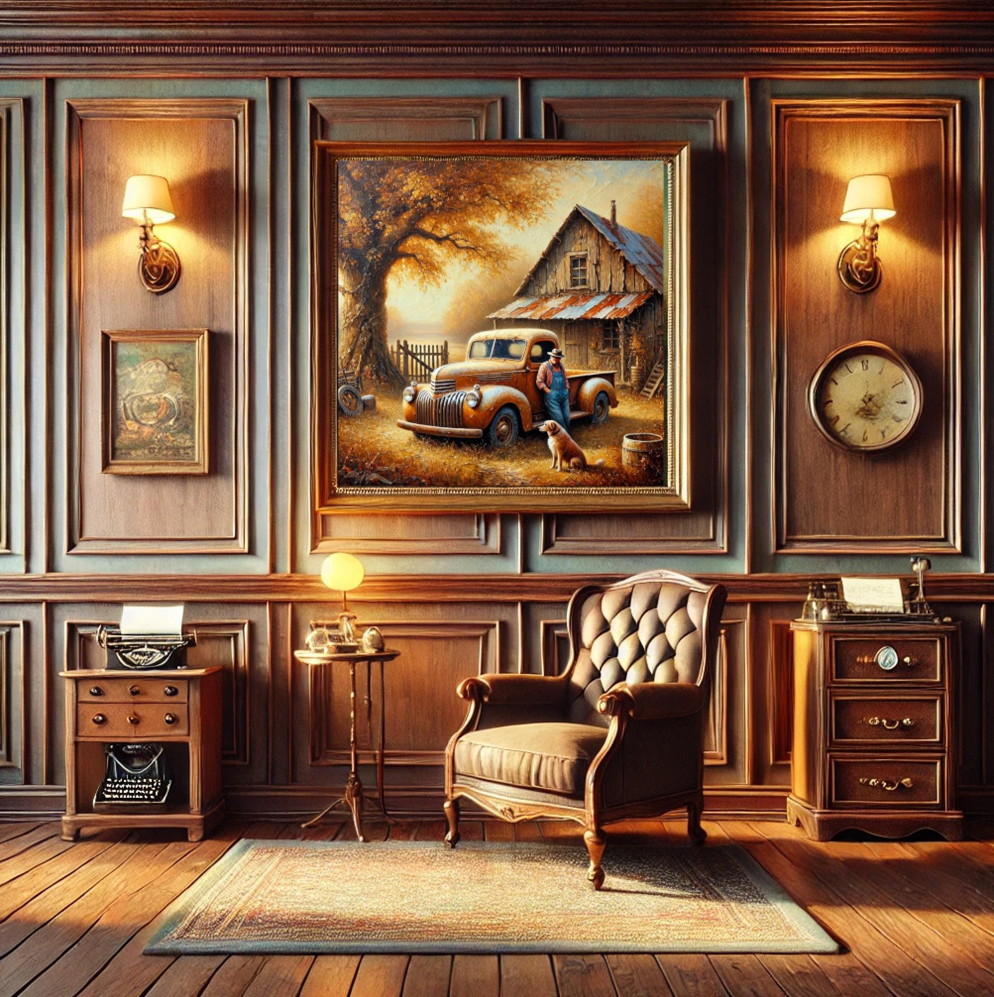 Rustic Fall Nostalgic Scene With Golden Truck and Dog - Vintage ...