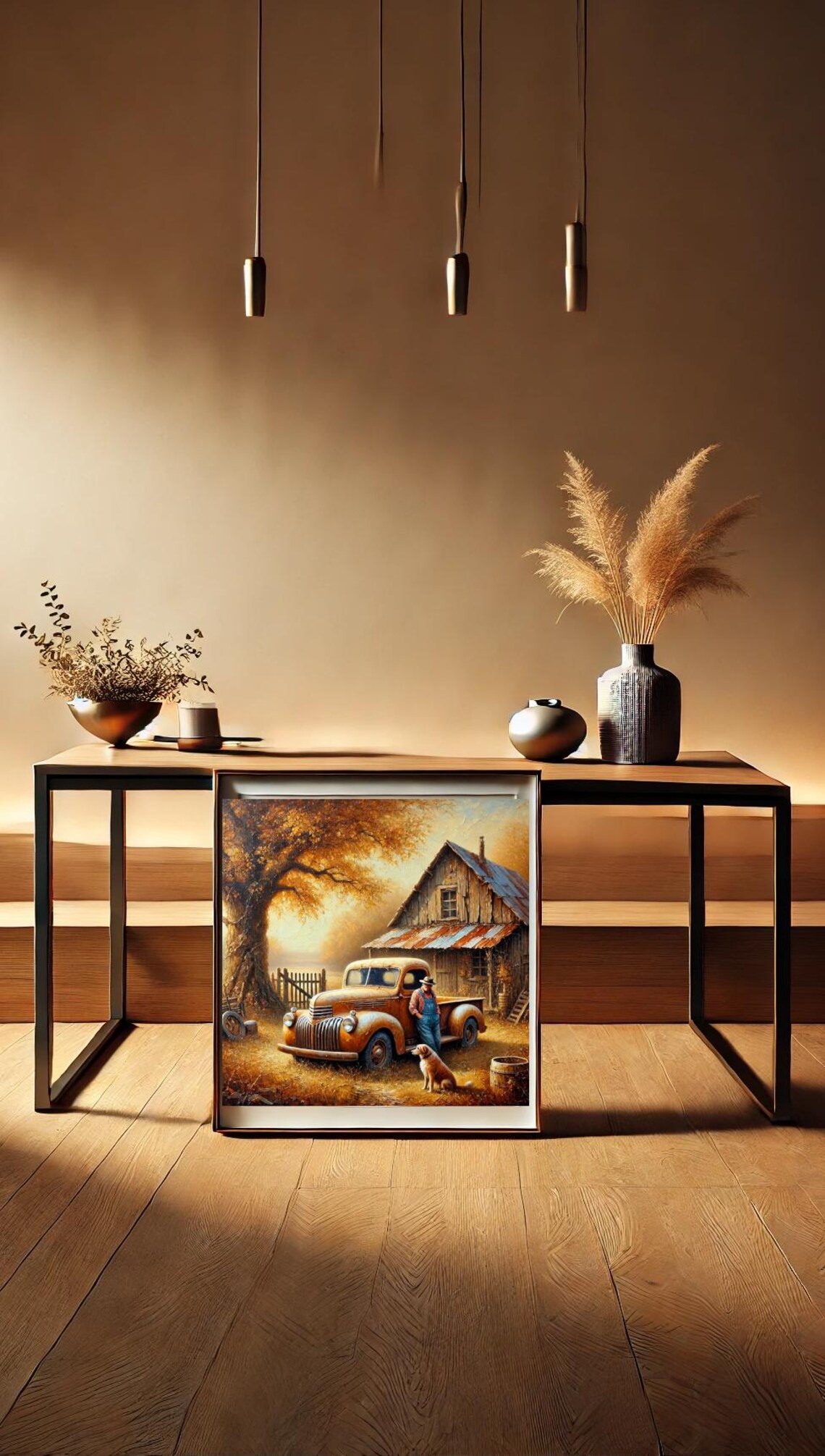 Rustic Fall Nostalgic Scene With Golden Truck and Dog - Vintage ...