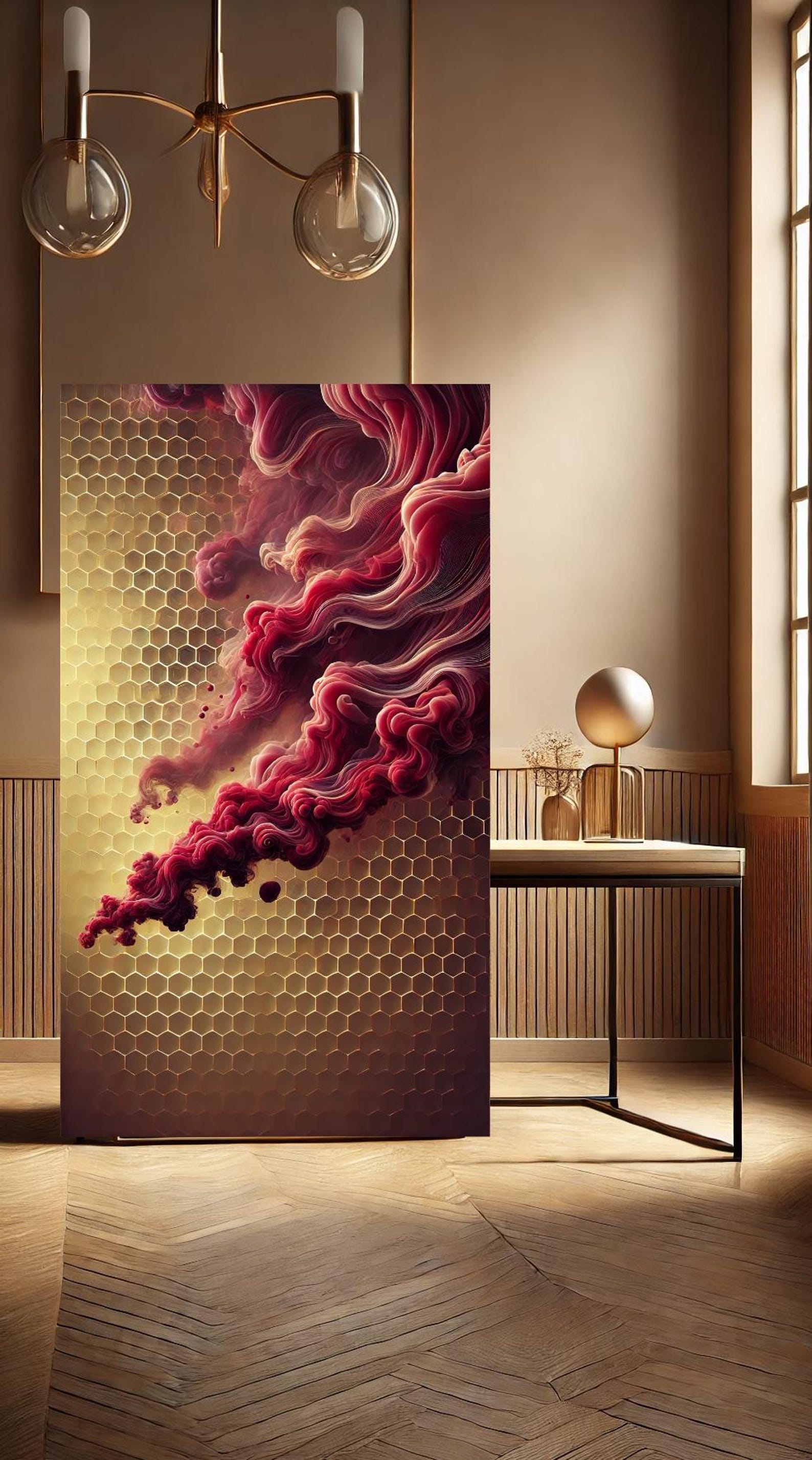 Burgundy Smoke Abstract Art Print | Gold Honeycomb, Modern Home Decor ...