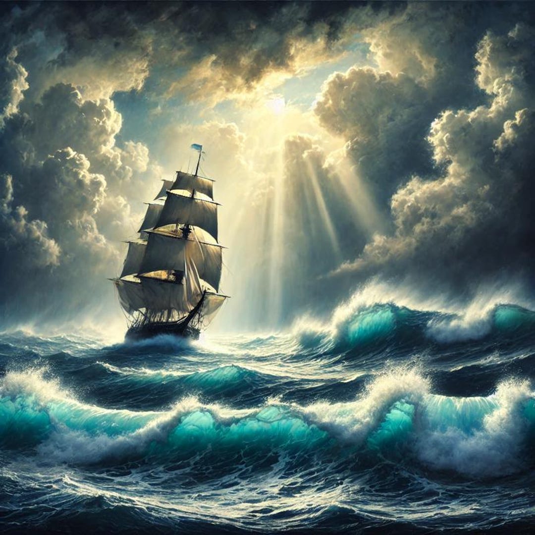 Stormy Sea Ship Print – Dramatic Nautical Oil Painting (digital ...