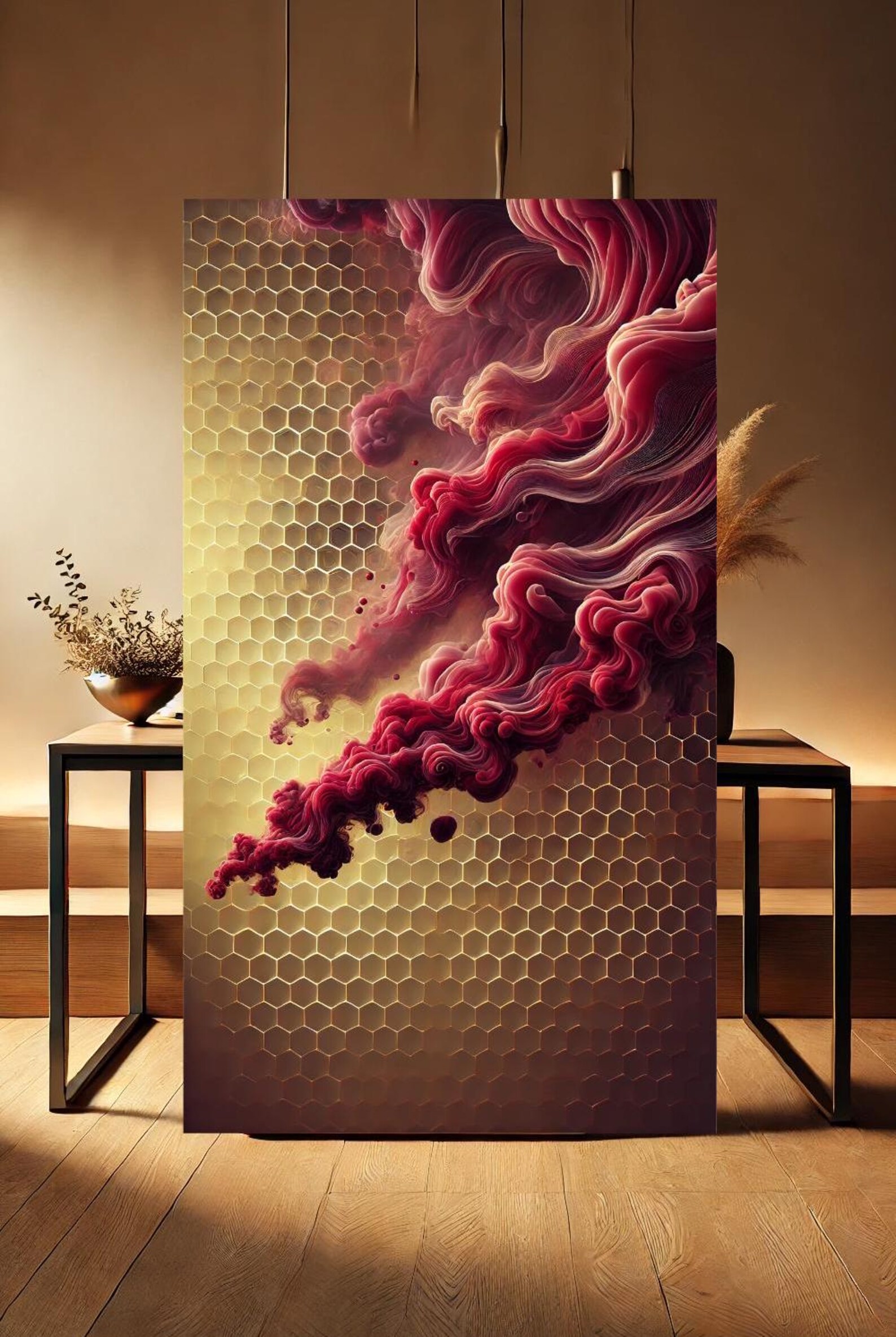 Burgundy Smoke Abstract Art Print | Gold Honeycomb, Modern Home Decor ...