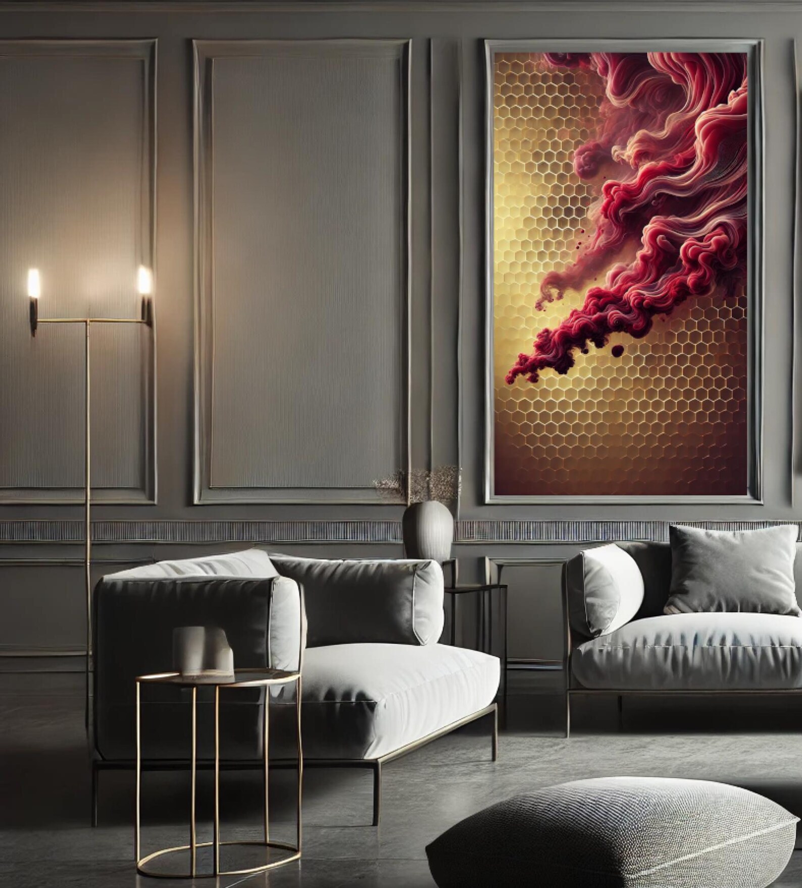 Burgundy Smoke Abstract Art Print | Gold Honeycomb, Modern Home Decor ...