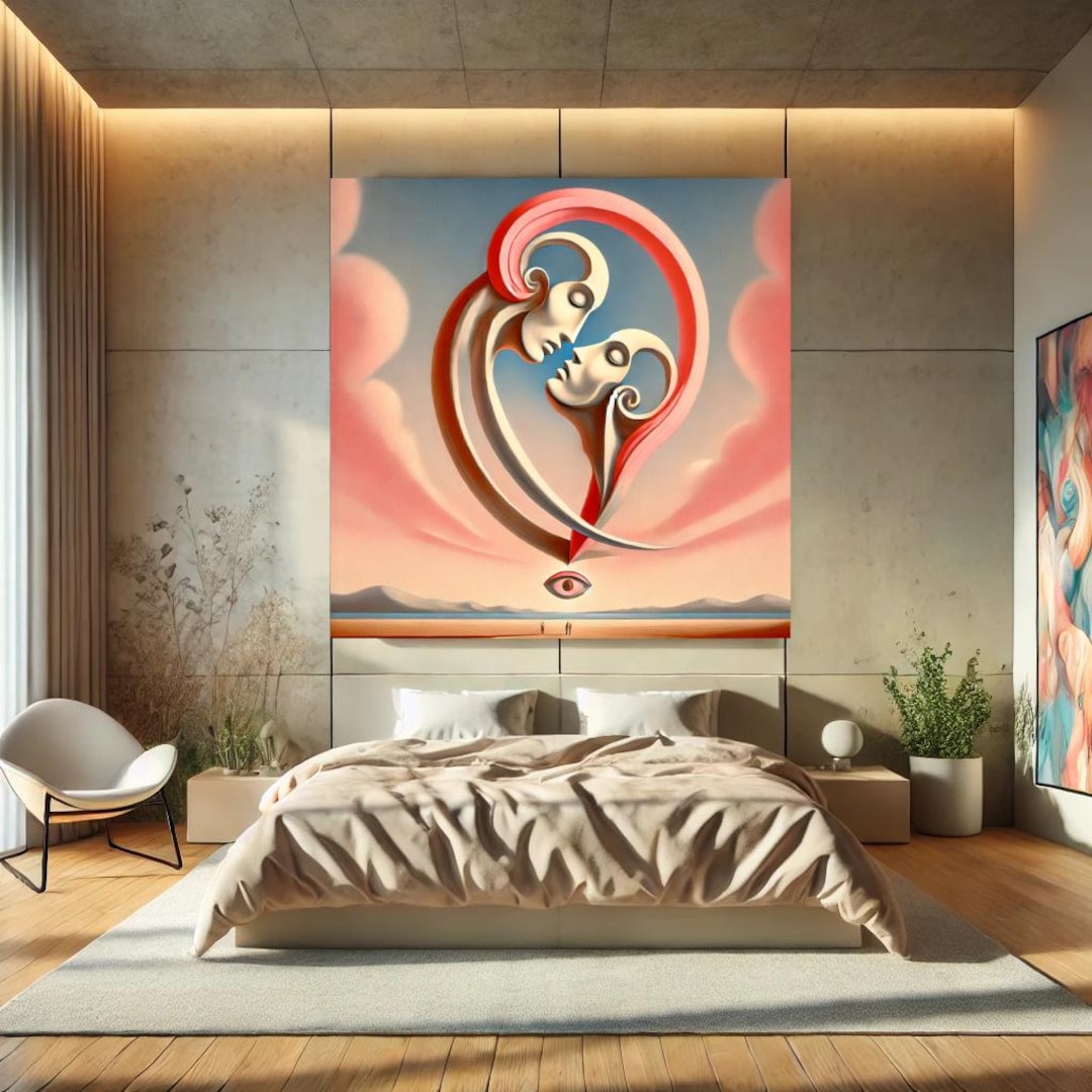 Surreal Abstract Couple Wall Art | Romantic Faces Floating in the Sky ...