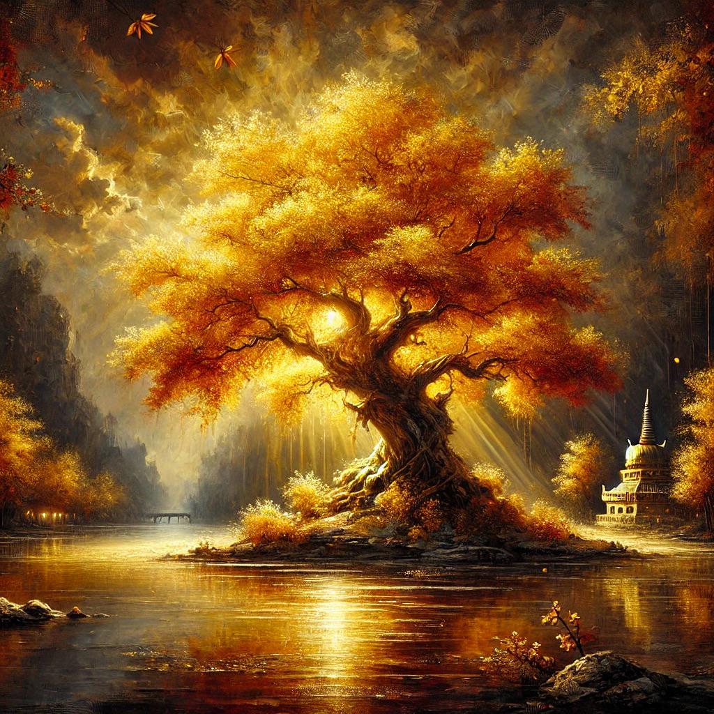 Golden Tree of Serenity - Majestic Autumn Lakeside Oil Painting - Etsy