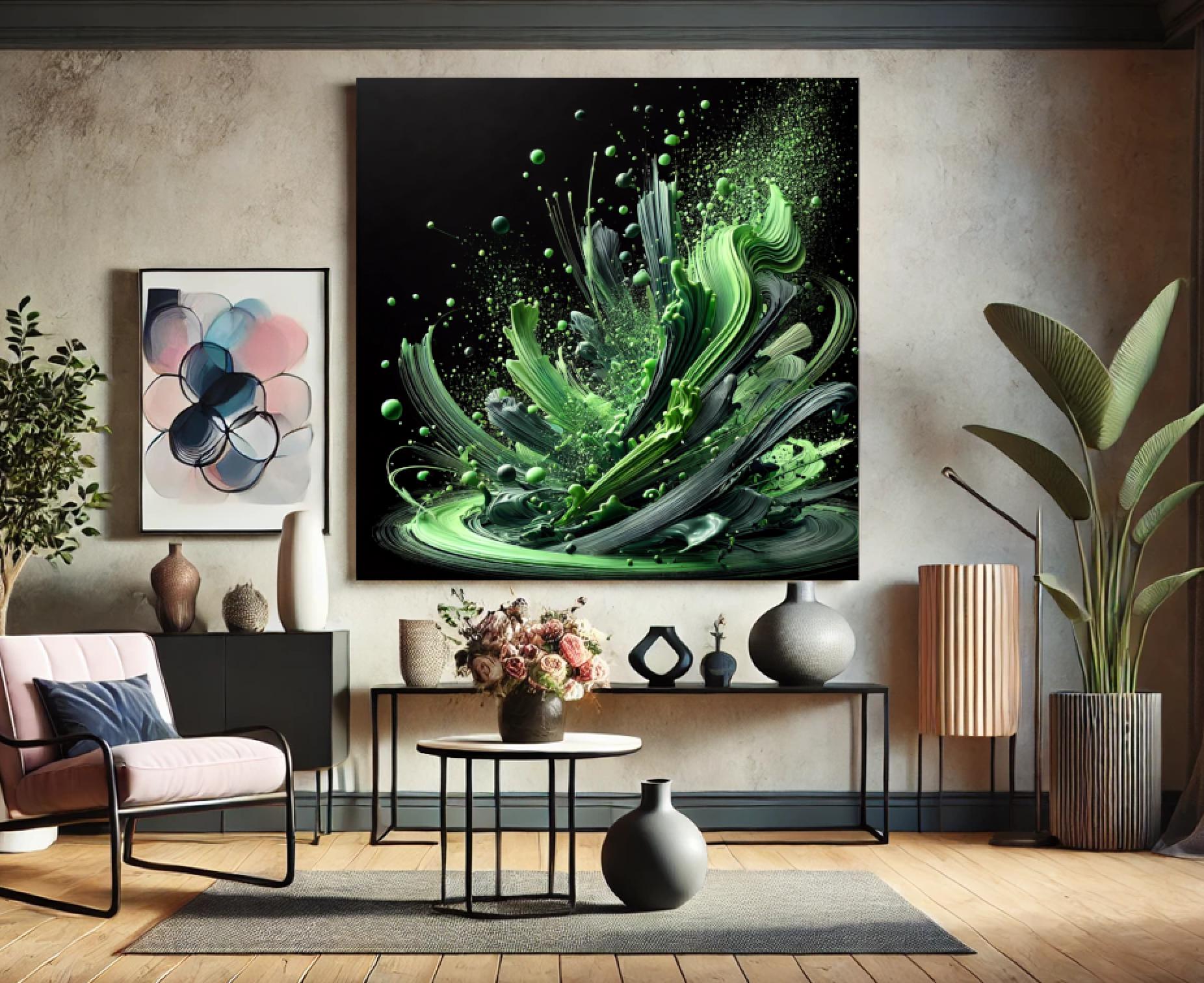Abstract Digital Print Green Splash - Modern Nature-inspired Wall Art ...