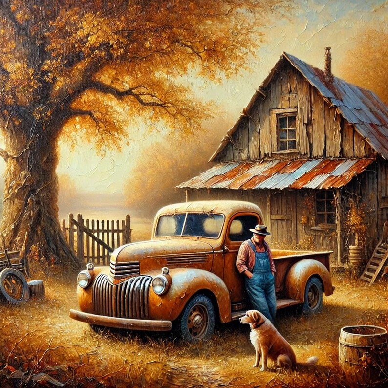 Rustic Fall Nostalgic Scene With Golden Truck and Dog - Vintage ...