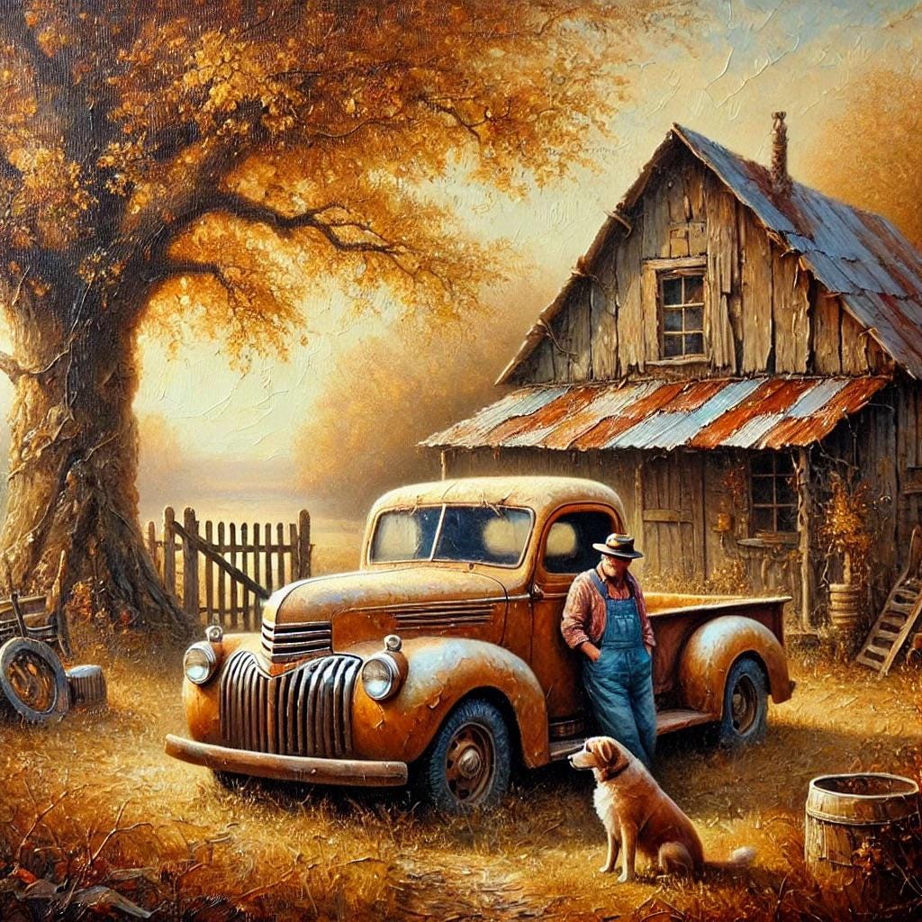 Rustic Fall Nostalgic Scene With Golden Truck and Dog - Vintage ...