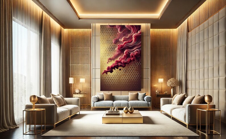 Burgundy Smoke Abstract Art Print | Gold Honeycomb, Modern Home Decor ...