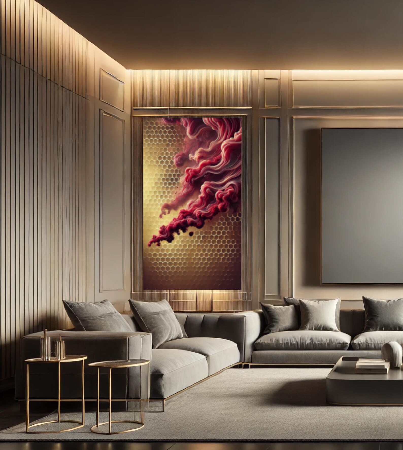 Burgundy Smoke Abstract Art Print | Gold Honeycomb, Modern Home Decor ...