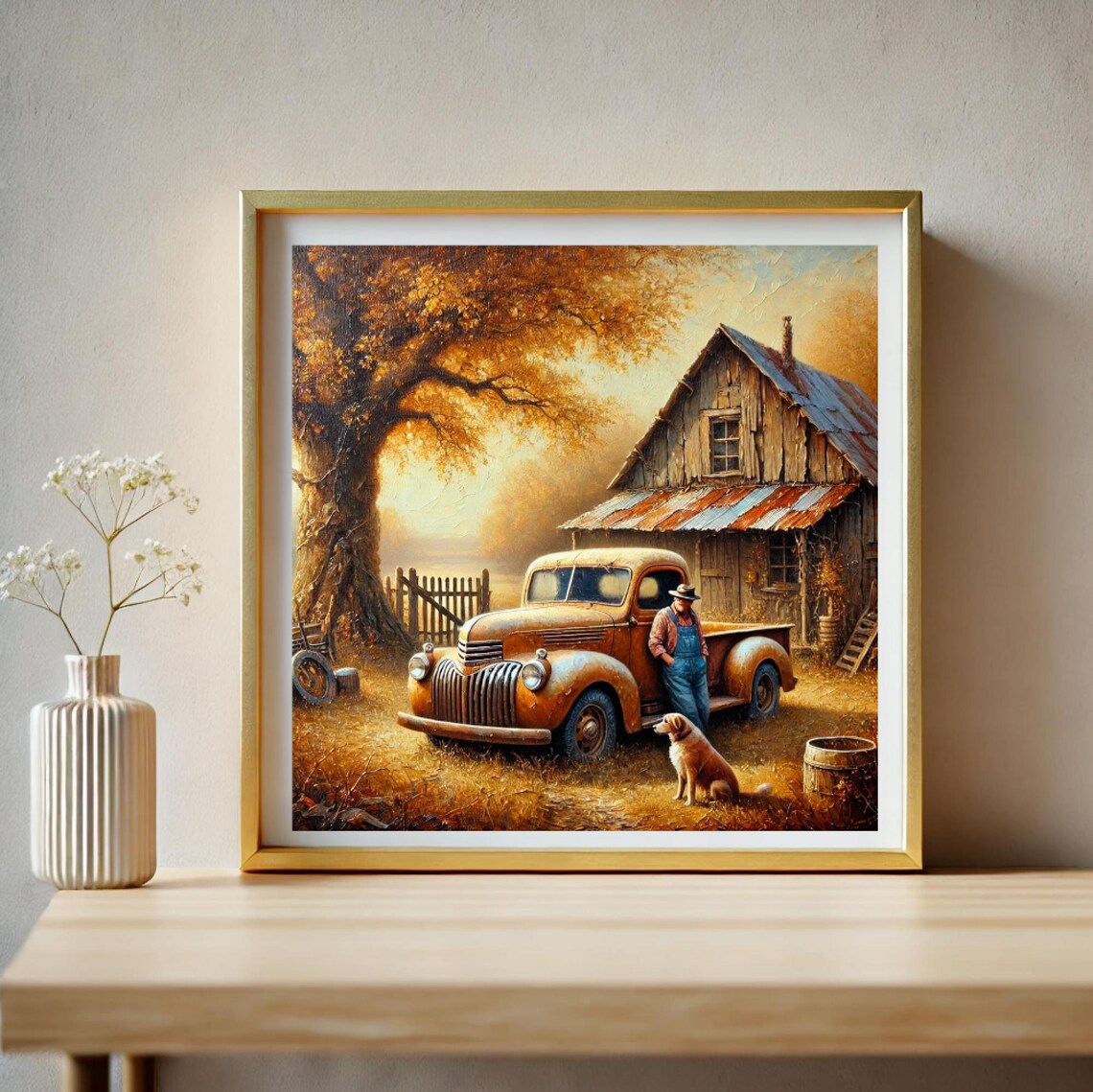 Rustic Fall Nostalgic Scene With Golden Truck and Dog - Vintage ...