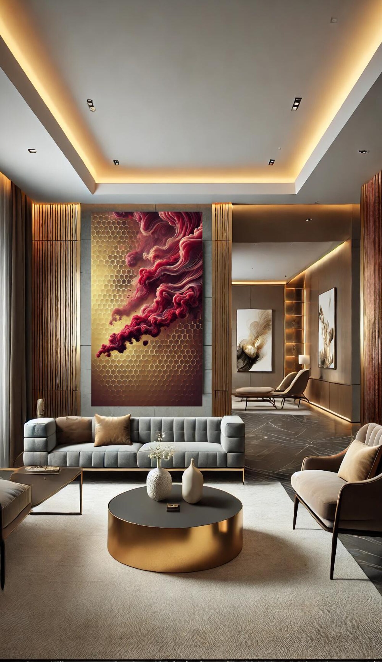Burgundy Smoke Abstract Art Print | Gold Honeycomb, Modern Home Decor ...