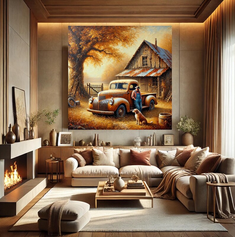 Rustic Fall Nostalgic Scene With Golden Truck and Dog - Vintage ...