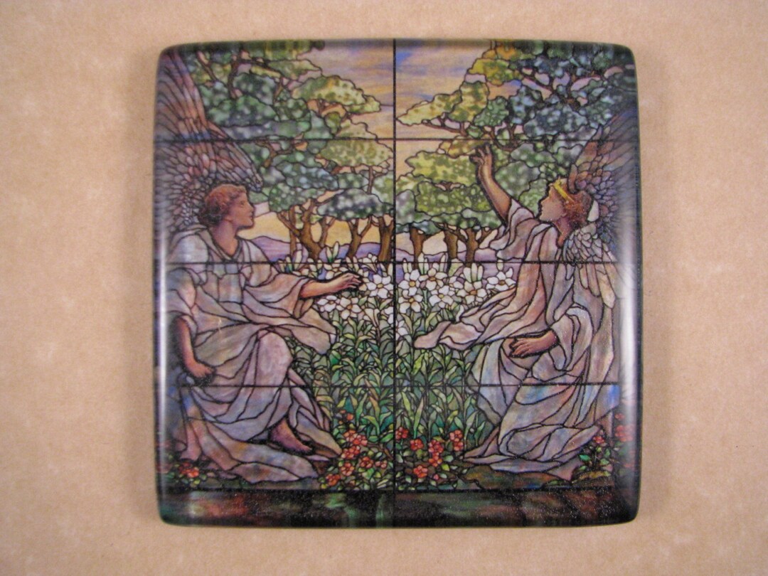 Tiffany "two Angels" Stained Glass Window Square Glass Tile Paperweight ...