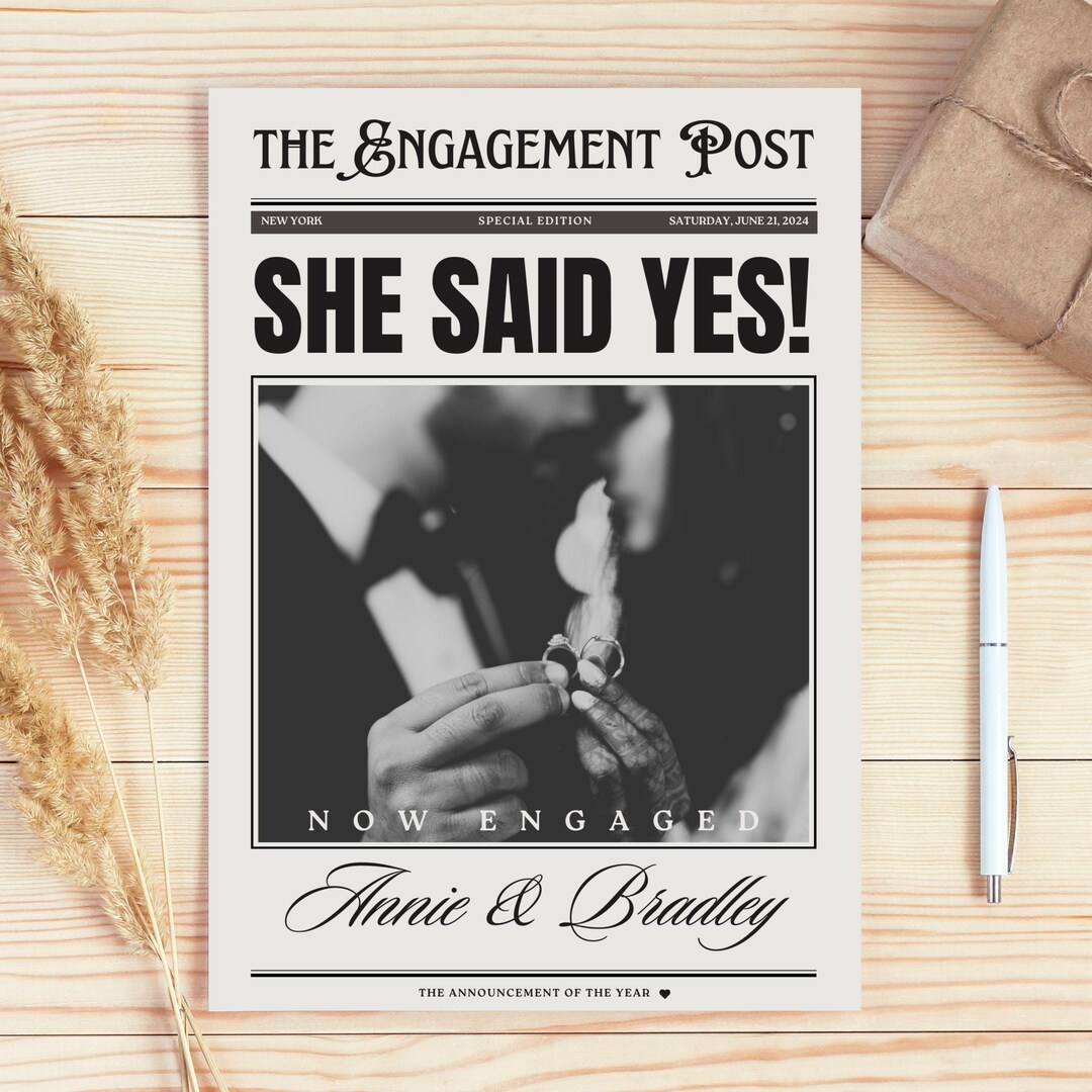 Engagement Announcement Newspaper Canva Template – Customizable Wedding ...