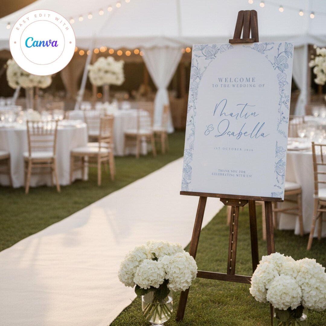 Blue Floral Wedding Welcome Sign Template, Editable Arch Welcome Sign ...