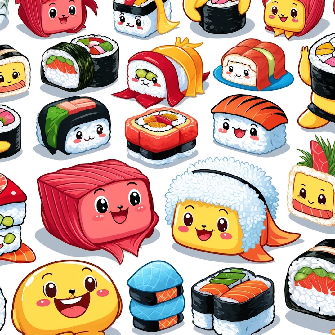 Cute Cartoon Sushi Characters With Happy Expressions, Designed for Food ...